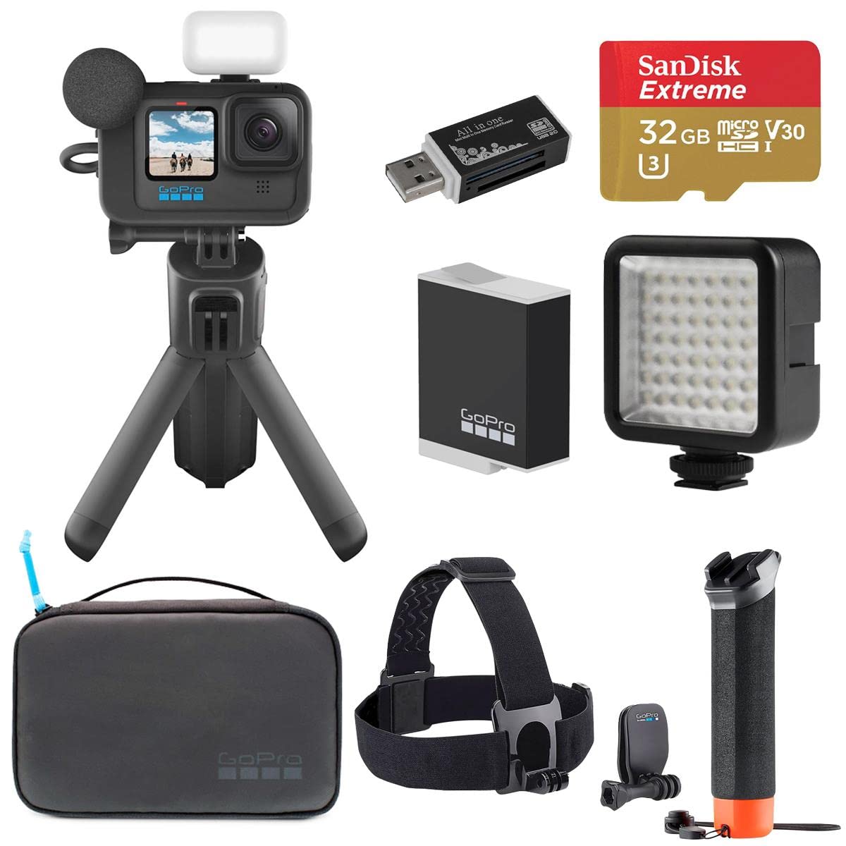 GoPro HERO11 Black Creator Edition Waterproof Action Camera Deluxe, Bundle with 32GB Memory Card, Adventure Kit 2.0, Extra Battery, LED Light, USB 2.0 Multi Card Reader