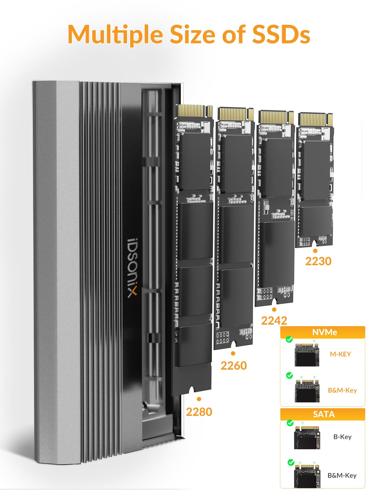 iDsonix Dual-Bay M.2 NVME , SATA PCIe SSD Enclosure Adapter up to 10Gbps, USB 3.1 Gen 2 to NVME, SATA PCIe M-Key M+B-Key 2242/2260/2280 External Hard Drive Enclosure, Support UASP