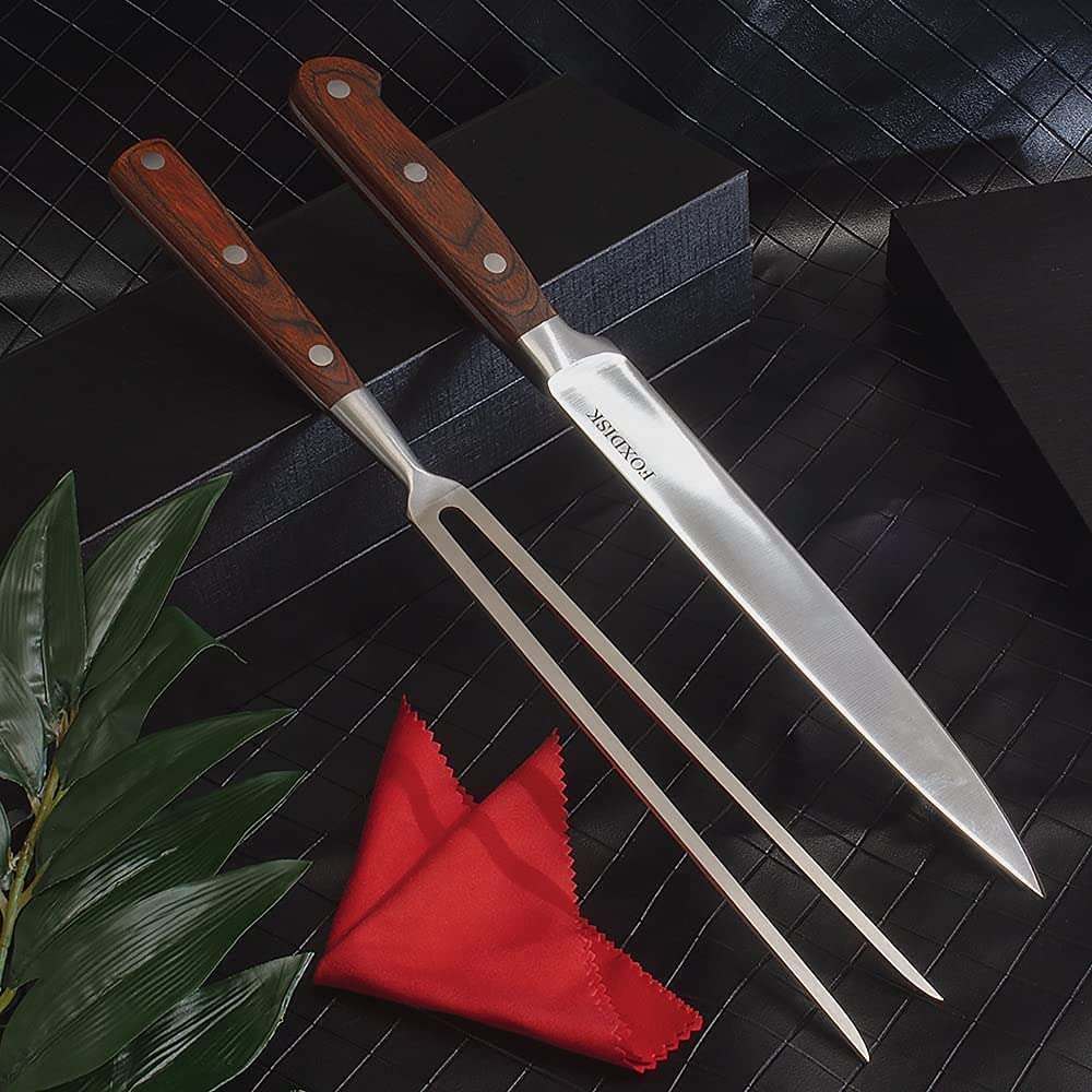 FOXDISK 2 Piece Carving Knife and Fork Set, Carving Set for Barbecue, Cutting Meat and Turkey, Stainless Steel Camping Cooking BBQ Cutter Carving Fork with Gift Box - Wooden Handle