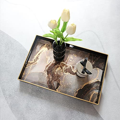 Leemxiiny Black Marbling Decorative Tray with Handles, Morden Plastic Rectangular Serving Tray for Coffee Table Bathroom, Ottoman, Home Decor, 15.7"* 10.2"* 1.38"