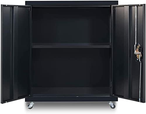 FFFYUN Metal Storage Cabinet with Wheels,Locking Cabinet with 1 Adjustable Shelf, Small Steel Storage Cabinet for Office,Home,Garage,Kitchen,Classroom,Black