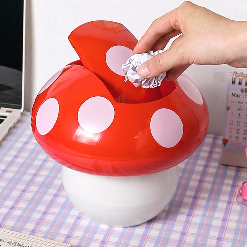 LOGOFUN Mushroom Trash Can Mushroom Waste Bin Desktop Garbage Bin Cute Waste Basket with Lid for Home Office - Red