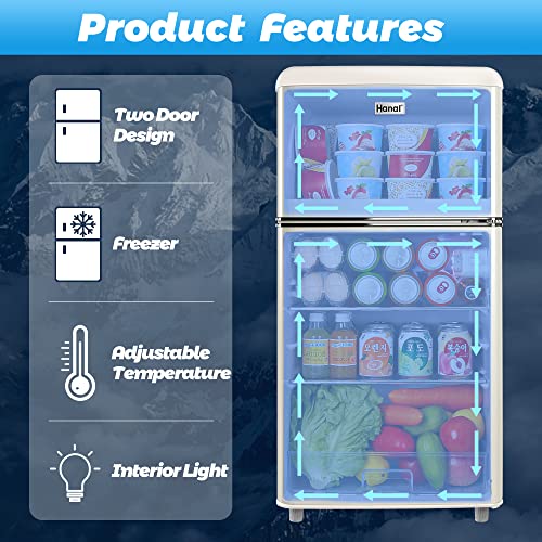 WANAI 3.2 Cu.Ft Mini Fridge with 2 Doors, Mini Fridge with Freezer, 40 dB Quiet, 7-Settings Mechanical Thermostat, Small Refrigerator for Bedroom Office, Dorm or Garage,Cream