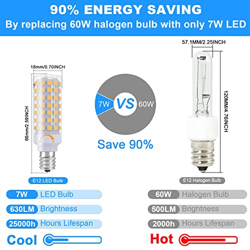 E12 LED Bulb Dimmable 7W C7 Bulb Equivalent to E12 Halogen Bulb 60W, Warm White 3000K T6 E12 Candelabra Bulb 60 Watt for Ceiling Fan, Chandelier Lighting, AC120V Kx-2000 Bulbrite Replacement (6 Pack)
