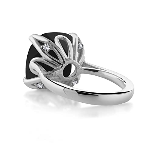 Gem Stone King 925 Sterling Silver Black Onyx and White Created Sapphire Engagement Ring For Women (8.27 Cttw, 14MM Cushion Checkerboard, Size 8)