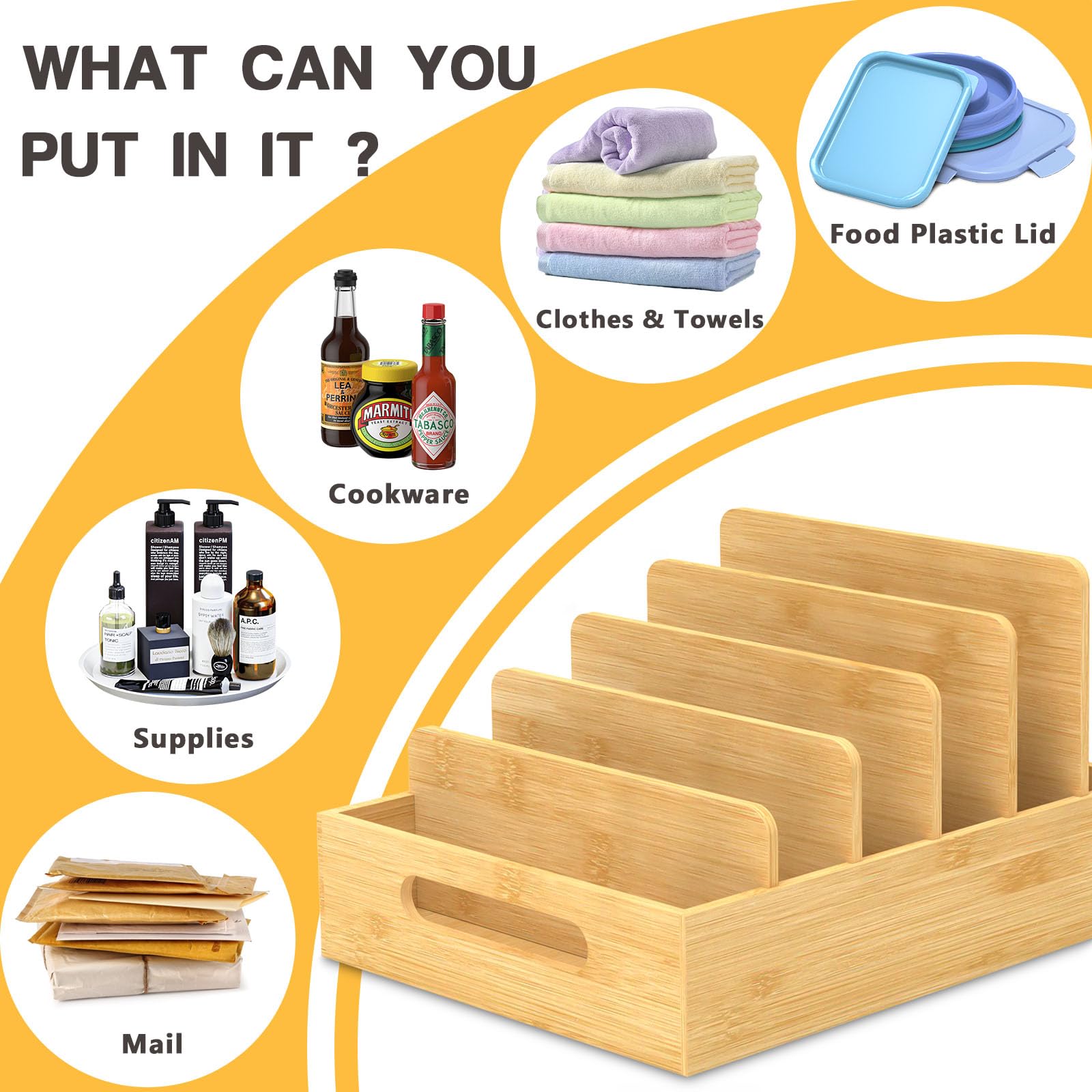 Retro Shaw Bamboo Food Container Lid Organizer for Cabinet & Drawer,Kitchen Cabinet Organizer with 5 Adjustable Dividers for Plastic Lid Storage and Holder,Fit for Kitchen,Home,RVs,Campers,Pantry etc