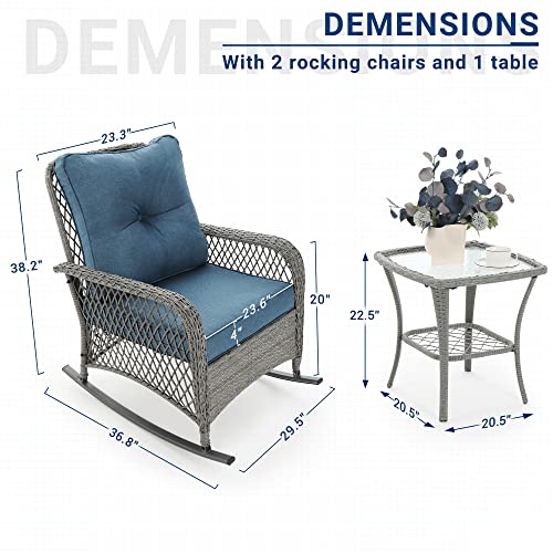 UDPATIO 3 Piece Patio Set Rocking, Rattan Outdoor Rocking Patio Bistro Set with 2 Rockers and 1 Side Table with 4ββ Thick Cushions for Backyard, Porch, Balcony, Poolside(Blue)