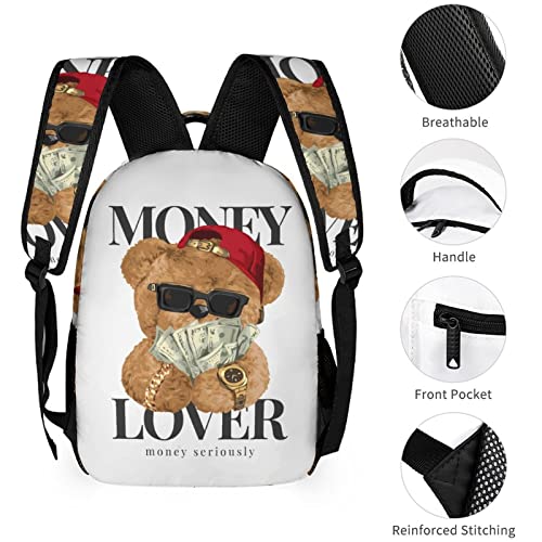 Niapessel Kids Backpack for School, Money Lover Slogan with Bear Pattern Students Bookbags School Bags Girls Boys