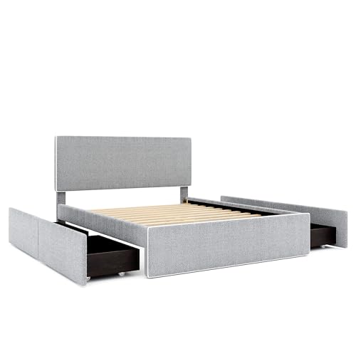 EMKK Full Size Upholstered Platform Bed with 4 Drawers and Golden Edge on The Headboard & Footboard,Bedframe for Kids,Adults Bedroom, w/4 Drawers Tufted Headboard