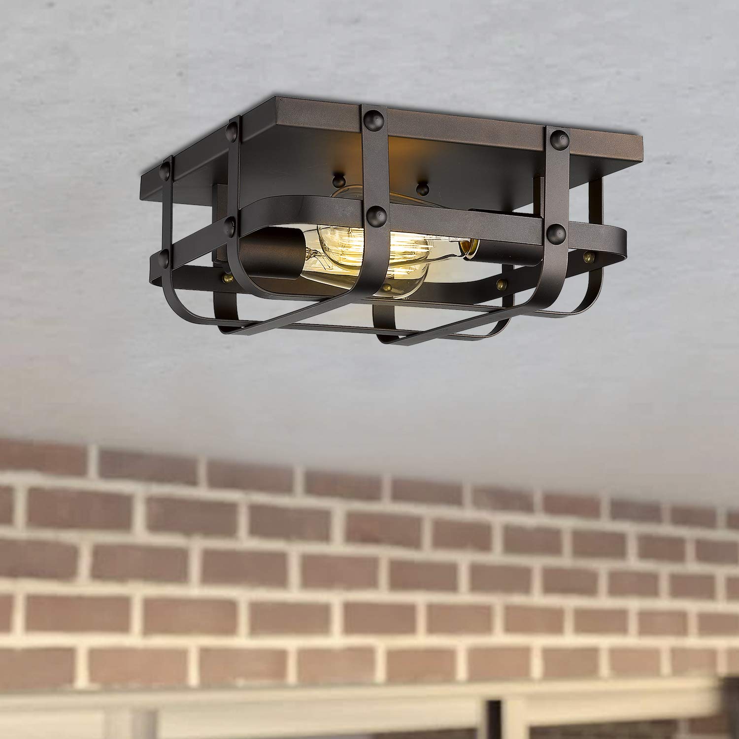 Emliviar Industrial Ceiling Light, Farmhouse 2-Light Flush Mount Ceiling Light, Oil Rubbed Bronze Finish, YE19102-FL ORB