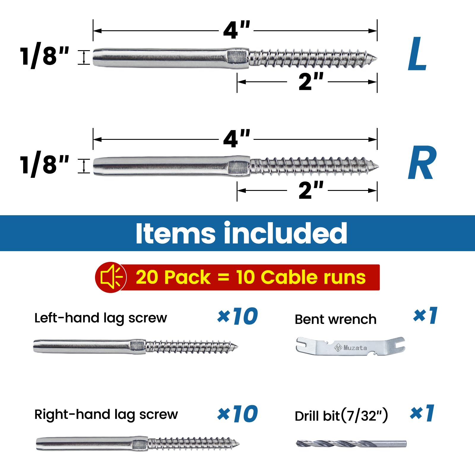Muzata 20Pack 1/8" Swage Lag Screws Left & Right Cable Railing Hardware Kit Handed Thread for Wood Post T316 Stainless Steel Stair Deck WoodBudget System 10 Pairs CK17