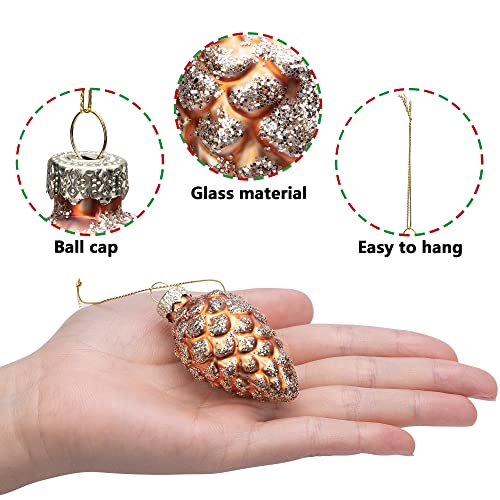 Watayo 12 Pcs Christmas Pinecone Glass Ornaments- Fall Hanging Pine Cone Painted Glass Ornaments- Glitter Pinecone Christmas Ornament for Xmas Tree DIY Crafts Fall Thanksgiving Day Decoration
