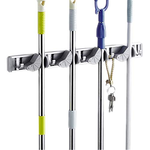 IHIPPO Broom Mop Holder Broom Mop Holder Wall Mount Stainless Steel Wall Mounted Storage Organizer Tools Hanger with 4 Racks 5 Hooks for Garage Kitchen Bathroom Closet Office Garden for Toilet Garage