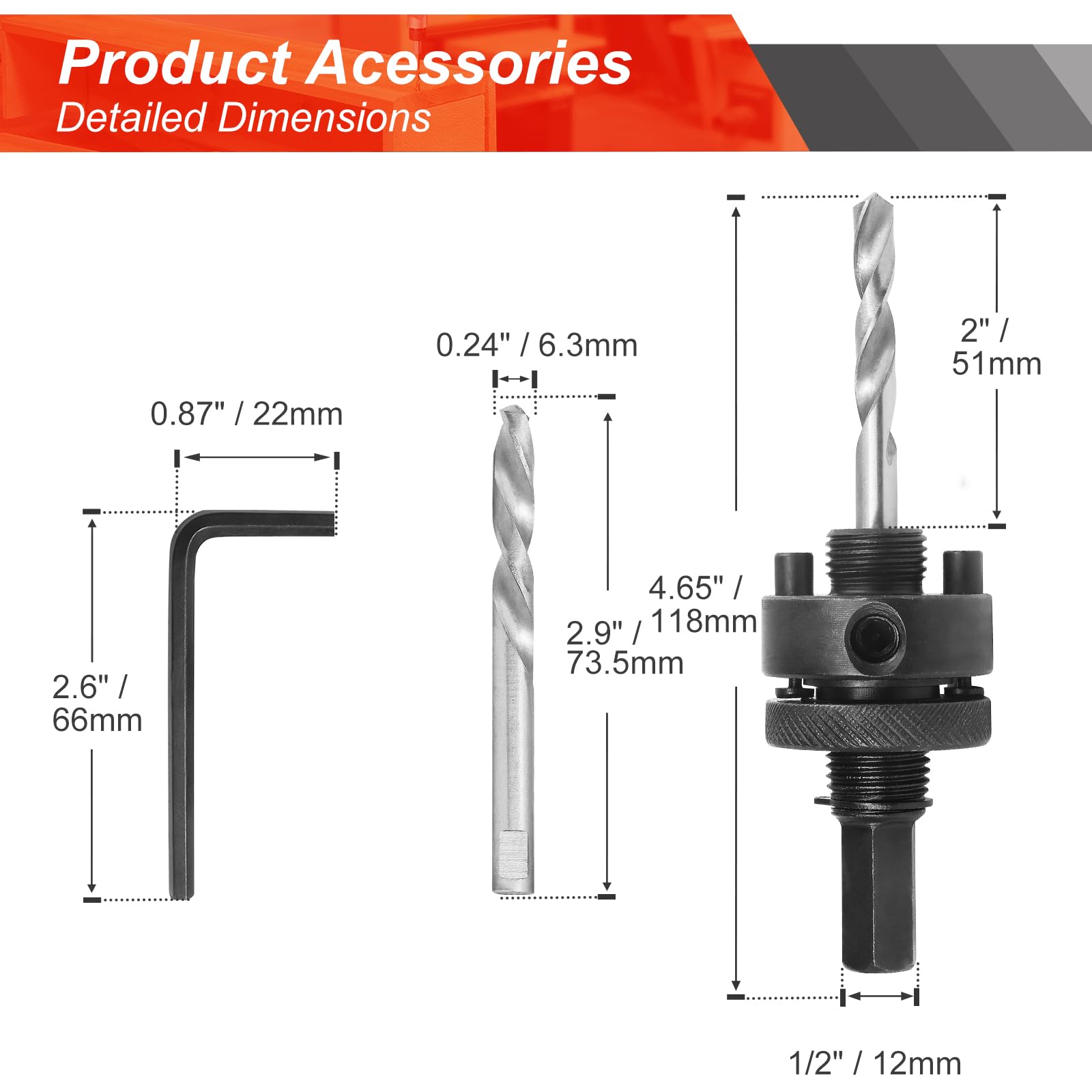 JTemgle Heavy Duty Hole Saw Arbor with 5pcs Center Drill Bits, 1/2" Hex Shank Quick Change Arbor Fits 1-1/2" to 10" Hole Saws