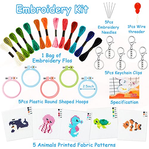 WATINC 5Pcs Embroidery Kit for Kids Stamped Cross Stitch DIY Key Chain with Sea Animals Patterns Needlepoint Starter Kits Ocean Animal Themed Educational Craft Supplies for Beginners Adults Schoolbag