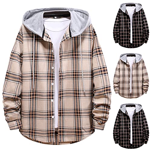 Mens Hoodies Pullover Men's Casual Plaid Flannel Jacket Lightweight Flannel Hoodie Long Sleeve Button Down Shirt Hoodies Coat Outfits p01
