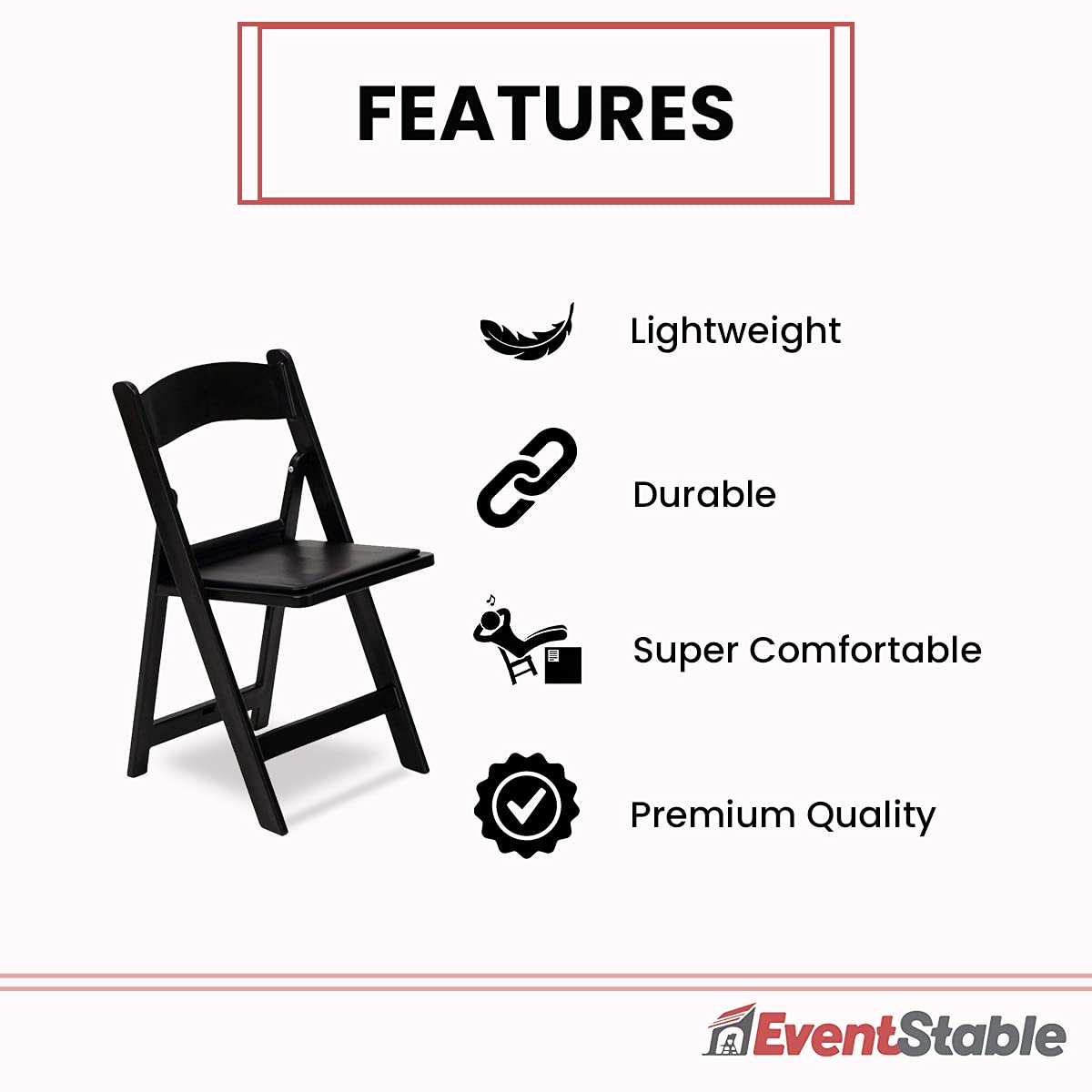 EventStable Titan PRO Resin Folding Chair - Black Indoor/Outdoor Lightweight Folding Chair - Vinyl Padded Folding Chair for Weddings Parties Events - 4 Pack