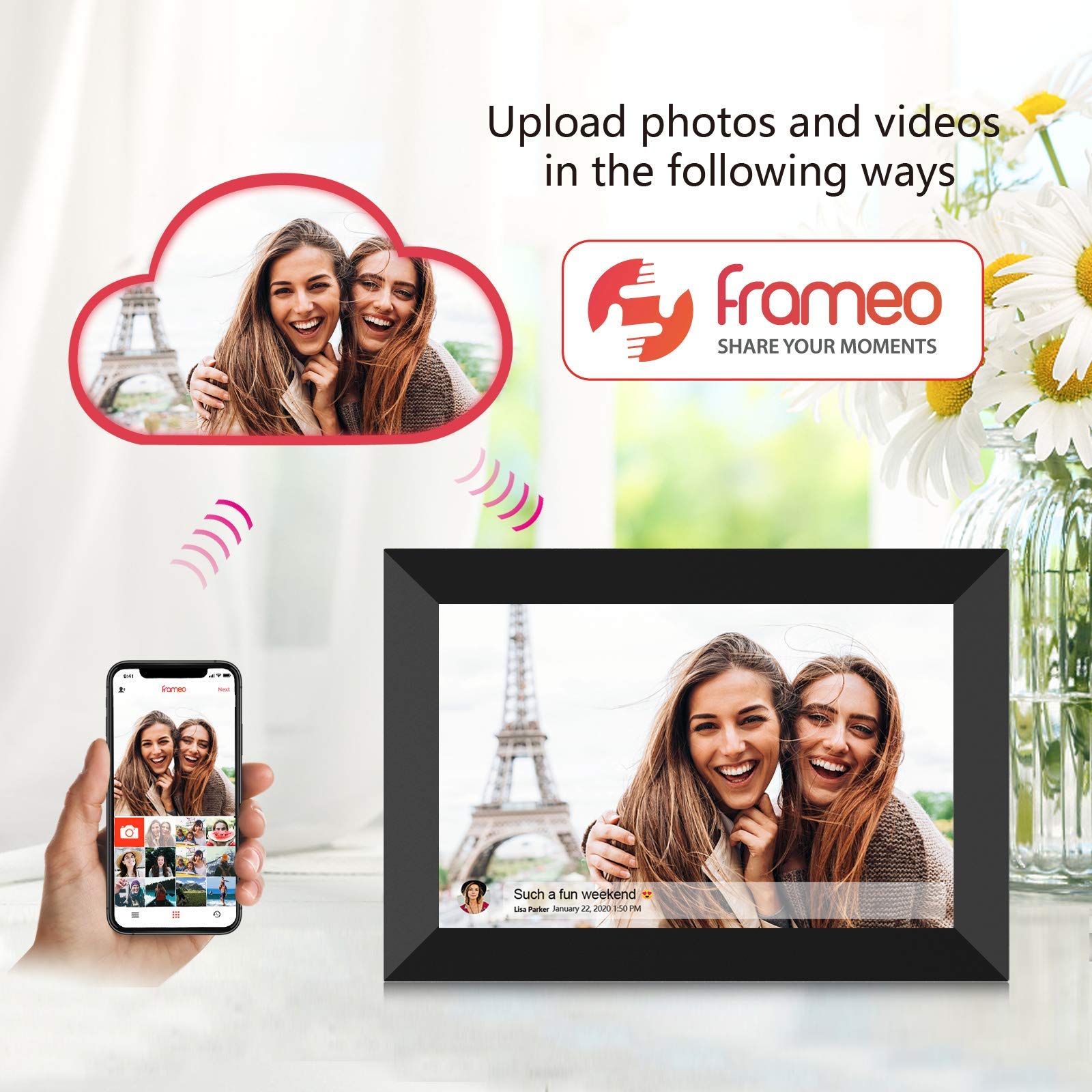 FRAMEO 10.1 Inch Smart WiFi Digital Photo Frame 1280x800 HD IPS LCD Touch Screen, Auto-Rotate, Motion Sensor, Built in 16GB Memory, Share Moments Instantly via Frameo App from Anywhere