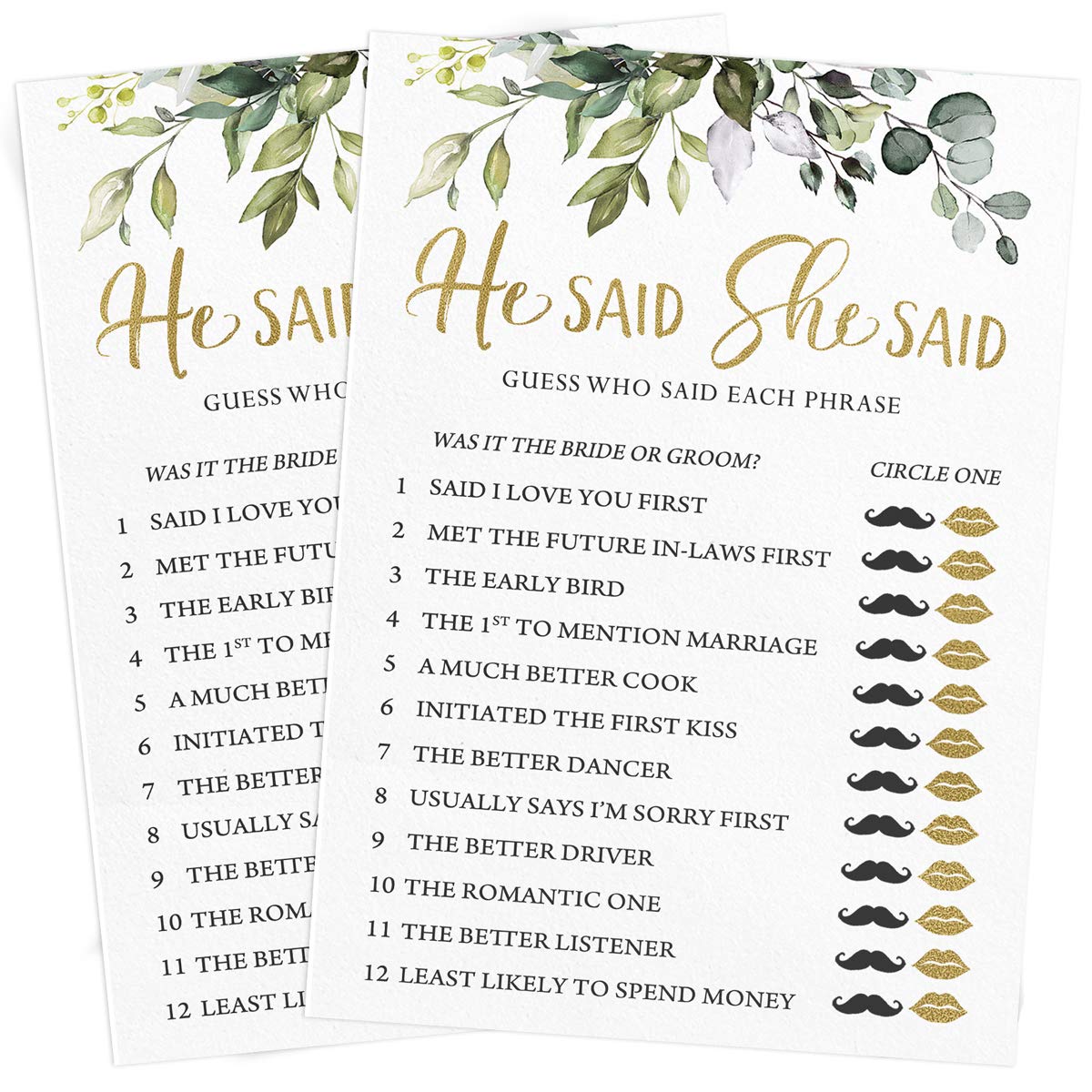 Printed Party Bridal Shower Games โ He Said She Said Game with Fun Bride and Groom Trivia, Wedding Shower Activity, Botanical Eucalyptus Theme, 50 Guests