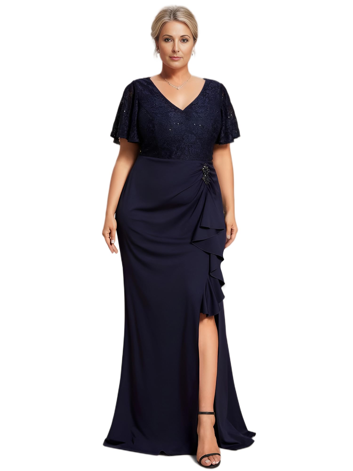 Ever-Pretty Plus Women's Plus Size Lace Top Lotus Leaf Hemline Bodycon Maxi Mother of The Groom Dresses Navy Blue US24