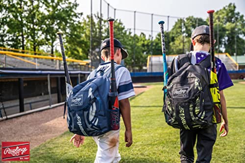 Rawlings Savage Youth Baseball Bag - Kids Bat Bag β Durable Baseball Backpack β Holds Two Bats β Includes Hook to Hang on Fence - Black/Volt