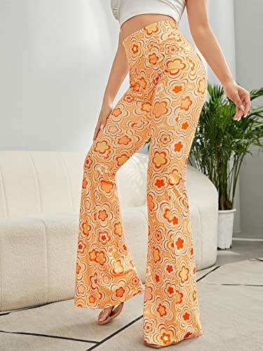 WDIRARA Women's Heart Print Elastic High Waist Flare Leg Stretch Casual Pants Floral Multicolor S