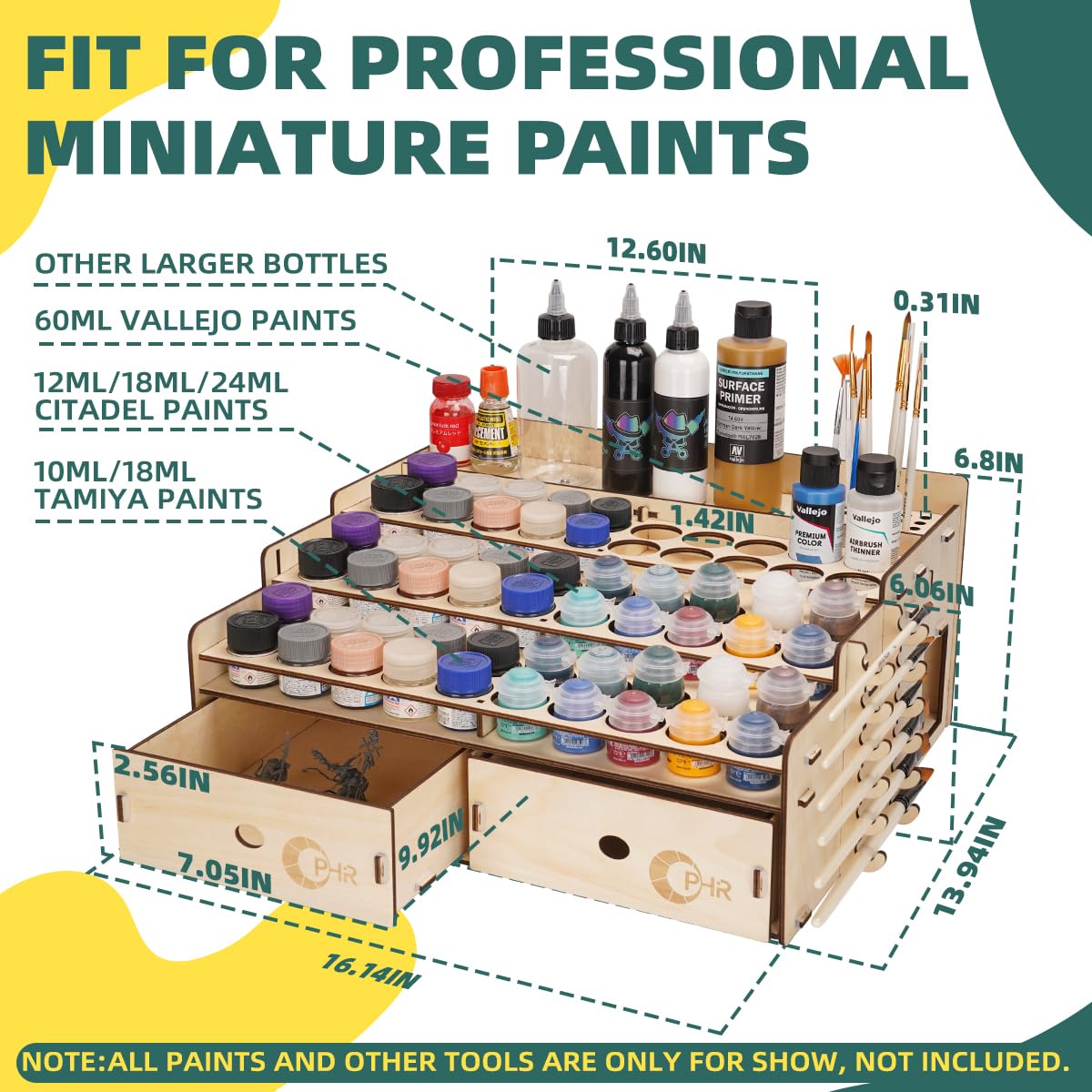 OPHIR Wooden Paint Organizer, Miniature Paint Holder Storage Rack for 60 Acrylic Model Paint Bottles with 2 Drawers, 2 Painting Handle, 25 Paint Brush Holes and 1 Brush Holder for Miniature Paint Set