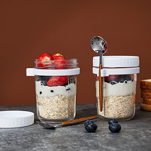 Overnight Oats Containers with Lids 2, 10oz Wide Mason Jars with Spoon - Great for on-the-go cereal containers - Very convenient for use on the go, Sealed glass jars are ideal for home, office or on-the-go (White)