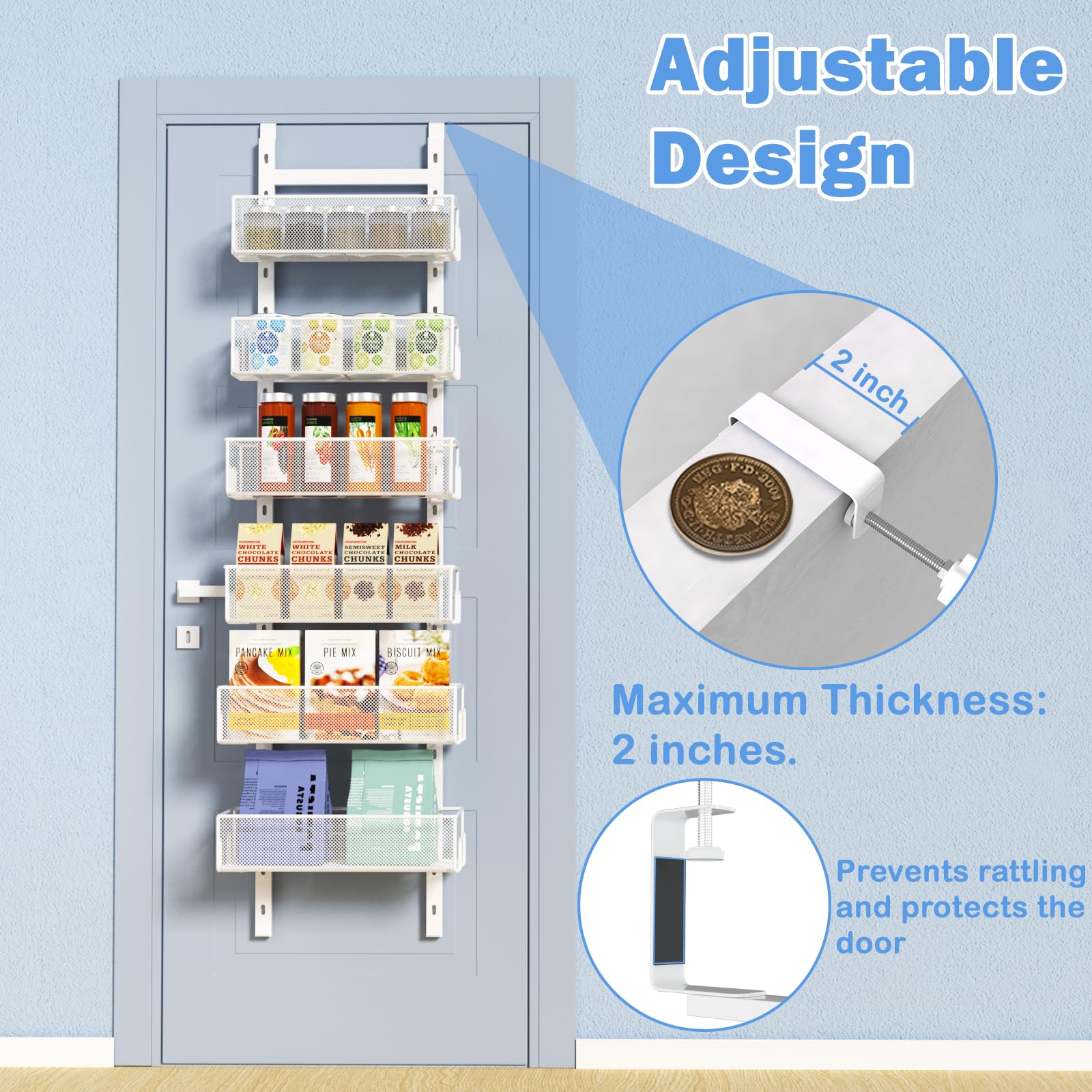 Emmalee Over the Door Pantry Organizer, 6-Tier Hanging Spice Rack with Adjustable Hooks Detachable Frame, Space Saving Door Organizer for Kitchen, Storage Room, Bathroom, Bedroom (6 Tier, White)