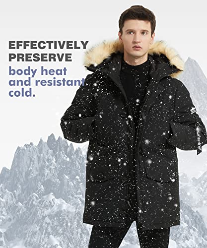 PUREMSX Men's Padded Jacket Insulated, Expedition Mountain Heavy Weight Thicken Lined Skiing Fur Hooded Long Anorak Parka,Black,Small