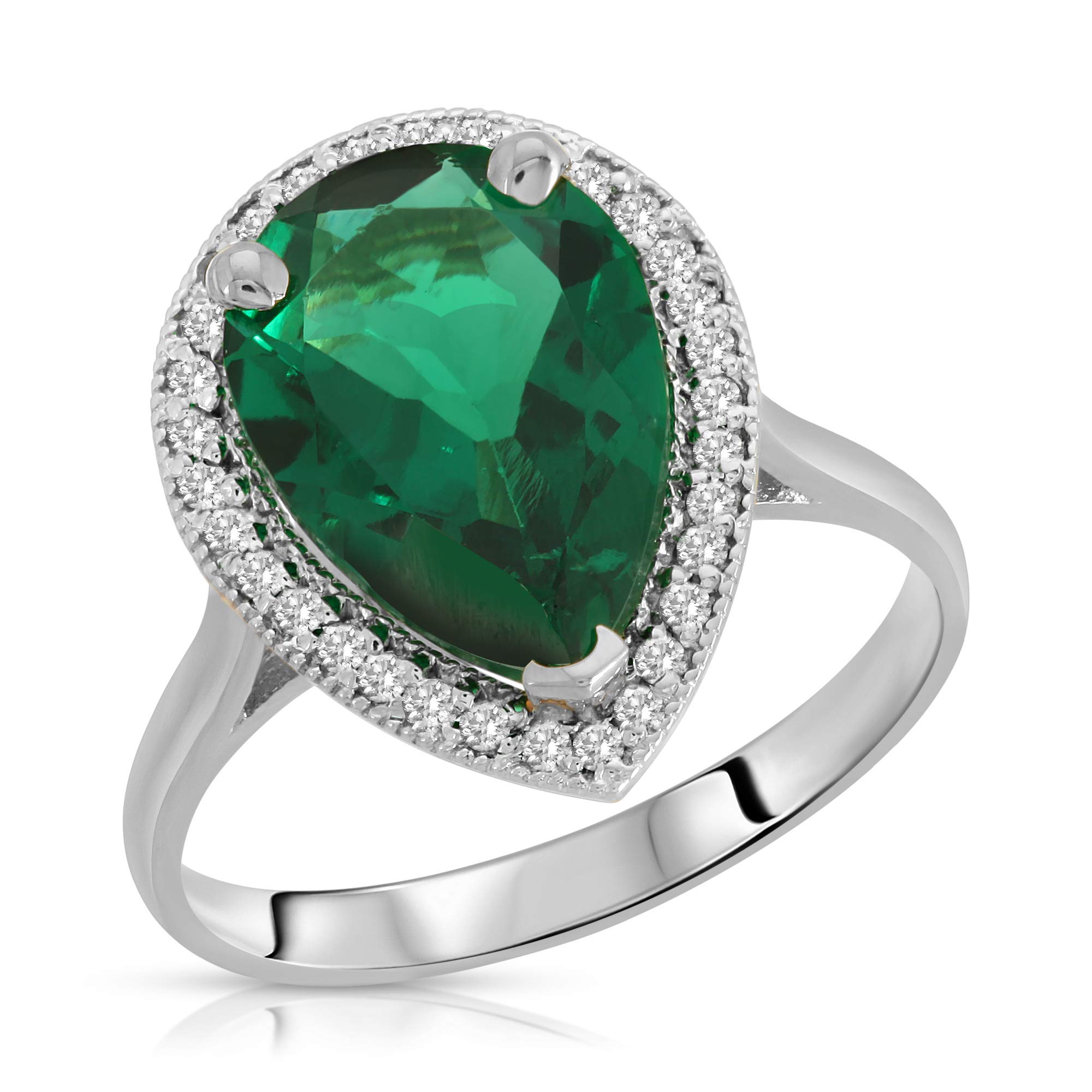 Galaxy Gold GG 3.16 Carat Total Weight 14K Solid White Gold Emerald with Natural Diamonds Halo Ring Brilliant Pear Tear Drop Shape Cut and Round Diamonds (6.5)