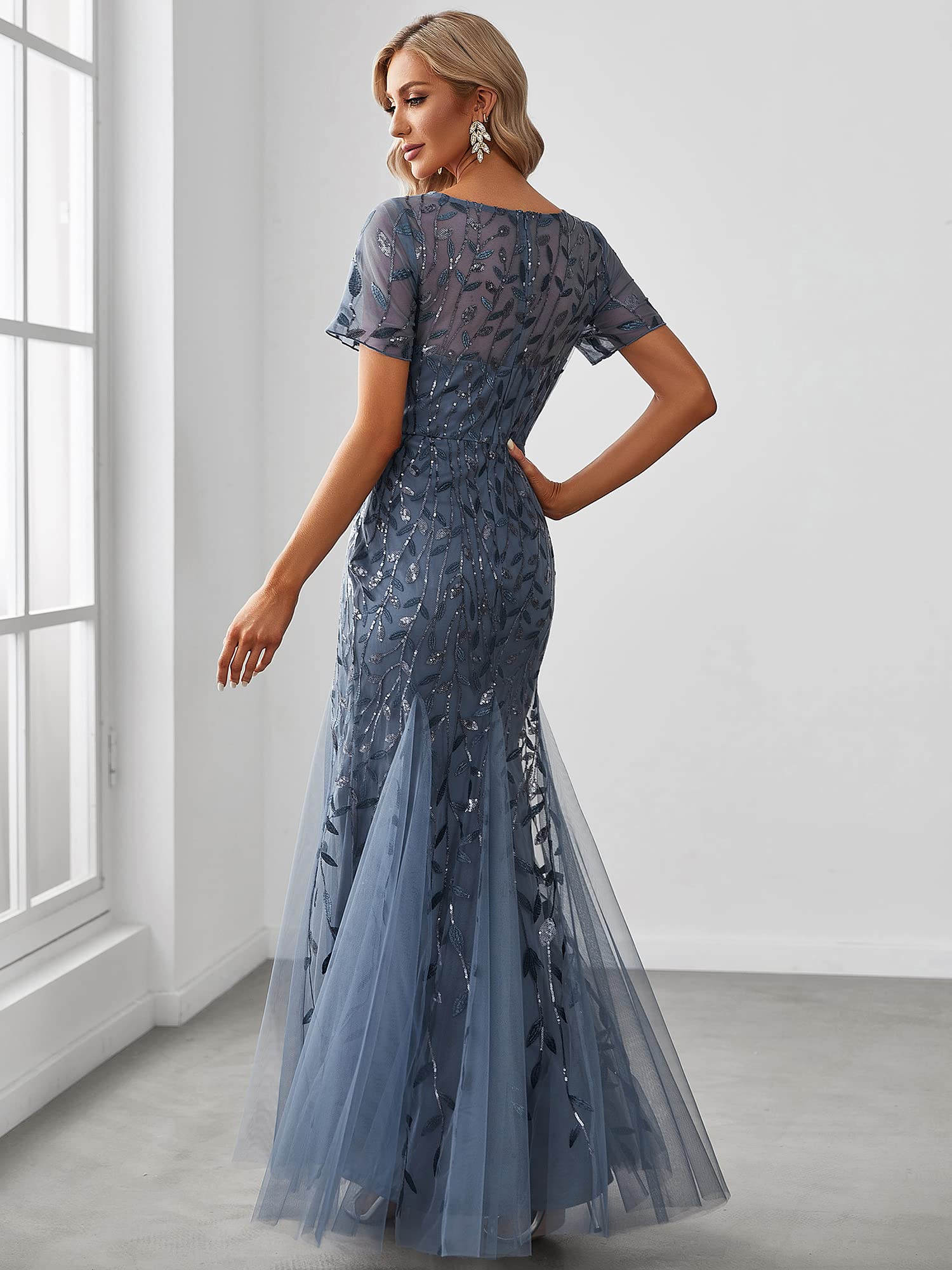 Ever-Pretty Women's Floral Lace Round Neck Sequin Prom Gown with Sleeves Haze Blue US16