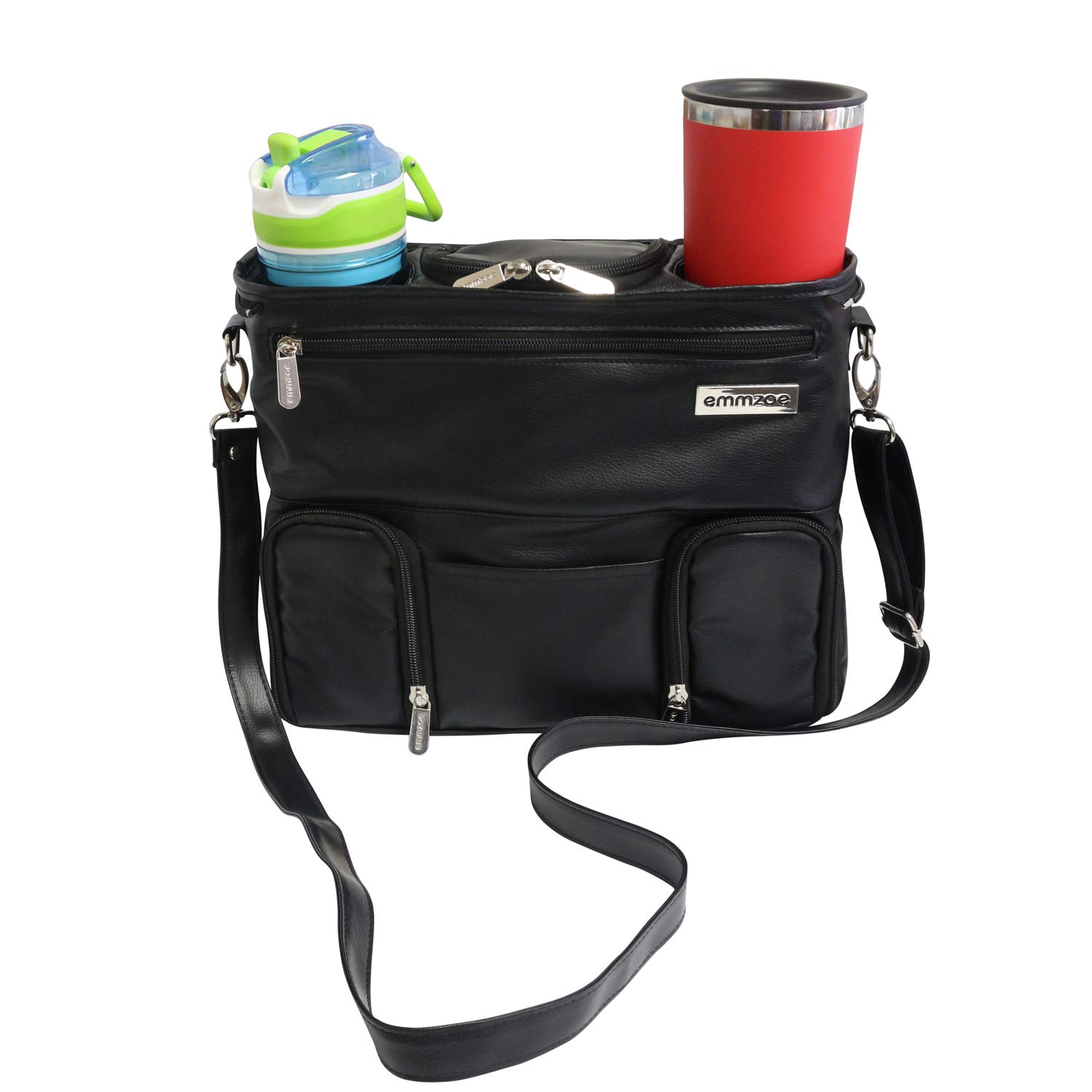 Emmzoe All-In-One Universal Fit Leather Stroller Organizer with Shoulder Strap and Cup Holders - Insulated Food Compartment - Multifunctional Storage Compartments for Diapers, Wipes