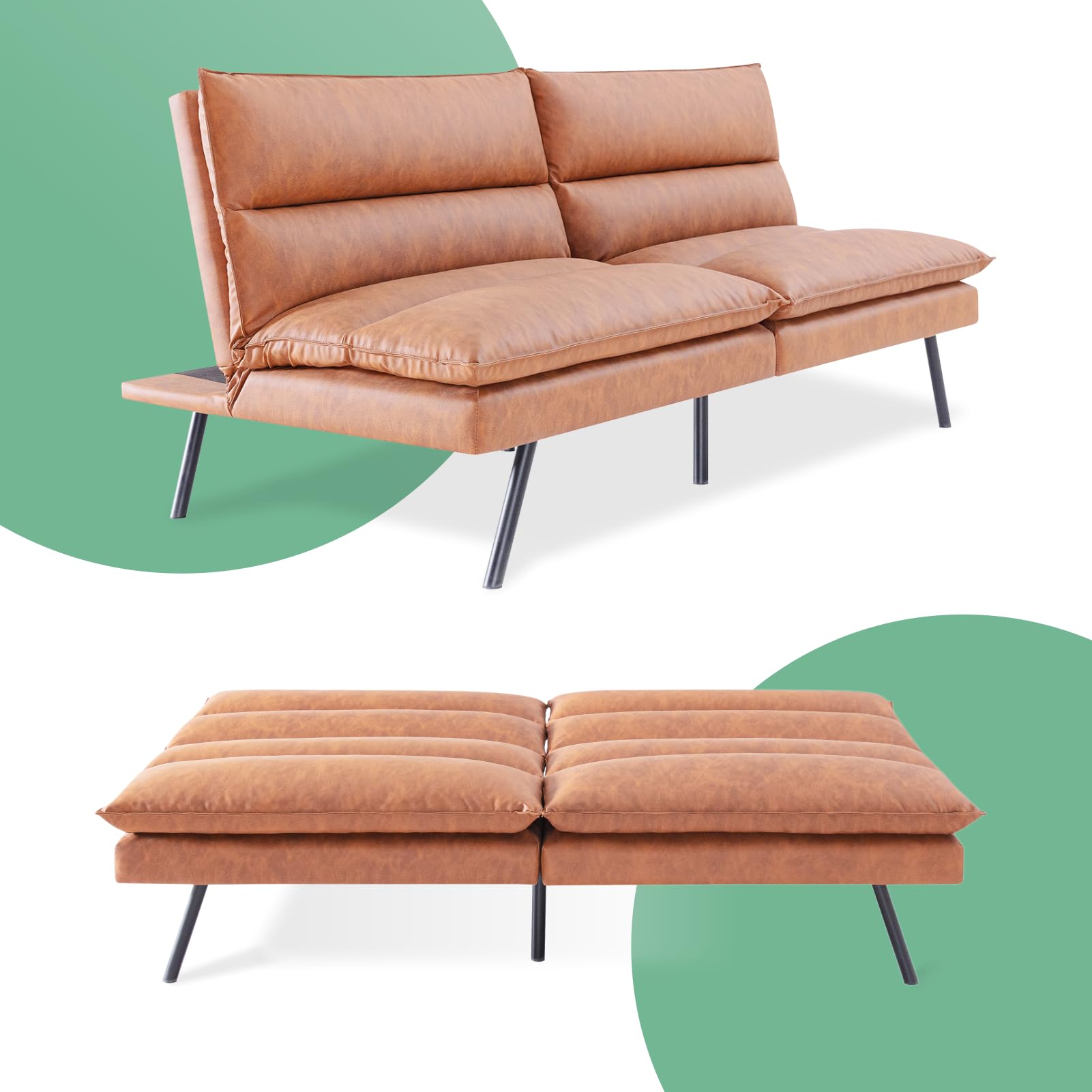 Opoiar Bed Memory Foam Sleeper Sofa Couches Convertible Futon Sets for Living Room with Mattress Included, Adjustable Backrests, Brown Sofabed, Brown-534
