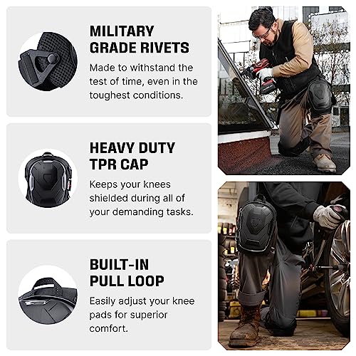 NoCry Professional Construction Knee Pads for Men and Women β Heavy Duty Anti-Slip Cap, Extra Thick Gel & Foam Cushion, Reinforced Adjustable and Elastic Straps, Military Grade Rivets