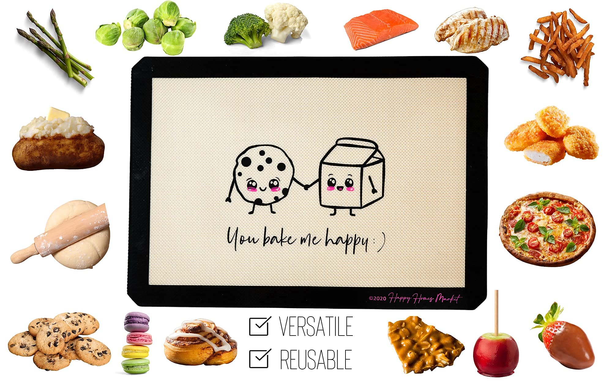 Happy Homes Market, Silicone Baking Mat, Non-Stick, Professional Grade Quality Baking Mat, Food Safe, BPA Free, Reusable, Eco-Friendly, Luxury Baking Sheet Liner- Set of 3 Standard Half Sheet Sizes