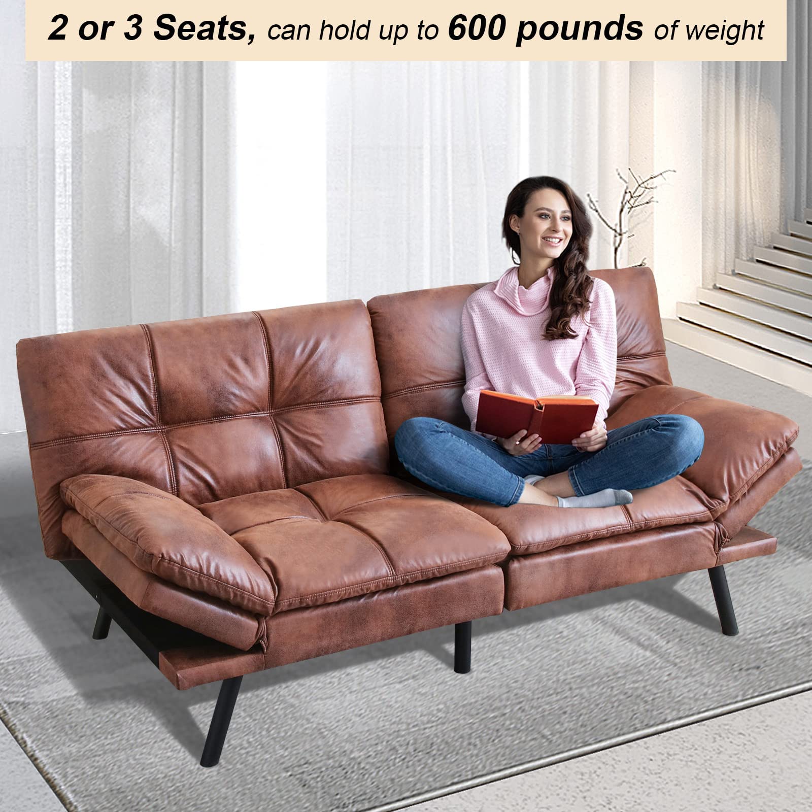 Opoiar, Memory Foam, Convertible Futon Couch, Bed, Modern Loveseat, Comfy Sleeper Sofa for Compact Space,Easy Assemble,Brown Sofabed