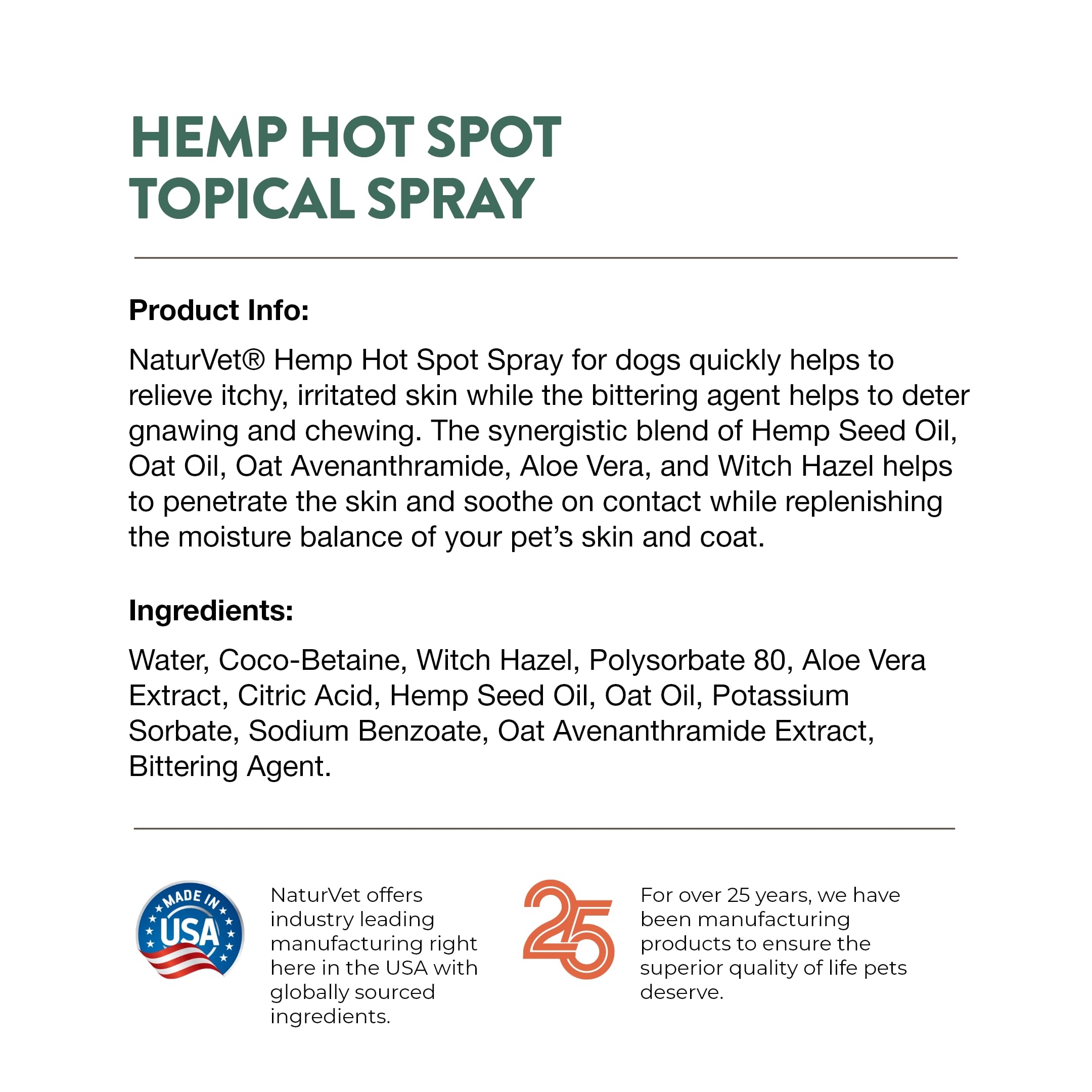 NaturVet Hemp Hot Spot Spray with Aloe Vera for Dogs, 12 oz Liquid, Made in The USA