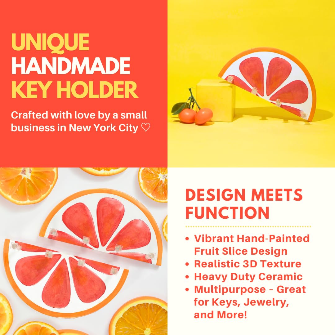 Jubi Key Holder Wall Mount, 3D Blood Orange Slice Design – Decorative Hooks for Hanging, Modern Entryway Wall Decor, Aesthetic Jewelry Organizer – Unique Gifts Heavy Duty Ceramic Hand-Painted
