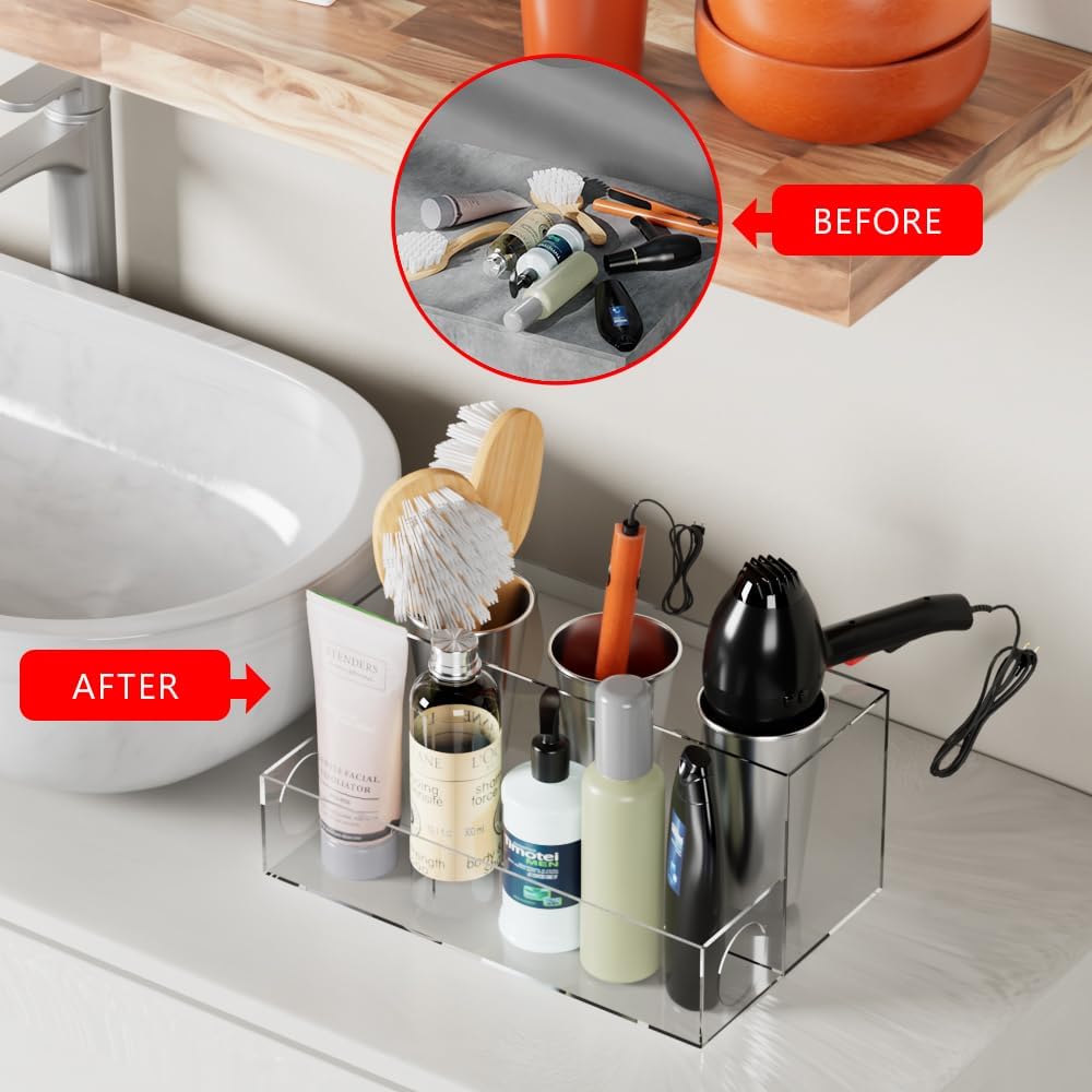 Punchish Hair Tool Organizer White 11.8"x 7.3"x 5.3" β Acrylic Hair Organizer Storage for Hot Tools - Including 3 Stainless-Steel Cups & 1 Rectangular Section with 2 Screws & Anchors for Wall Mounting