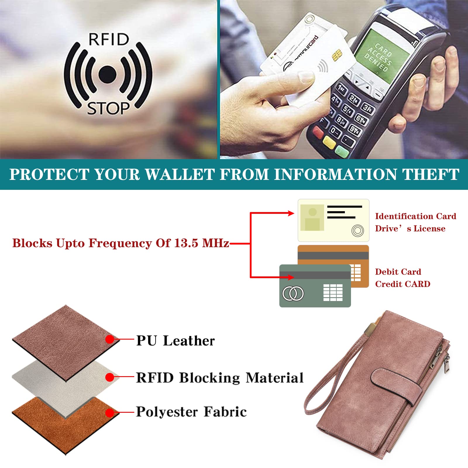 GOIACII Womens Wallets Large Capacity Credit Card Holder Rfid Wallet Women Double Zipper Pocket Leather Bifold Ladies Wristlet Clutch Wallet