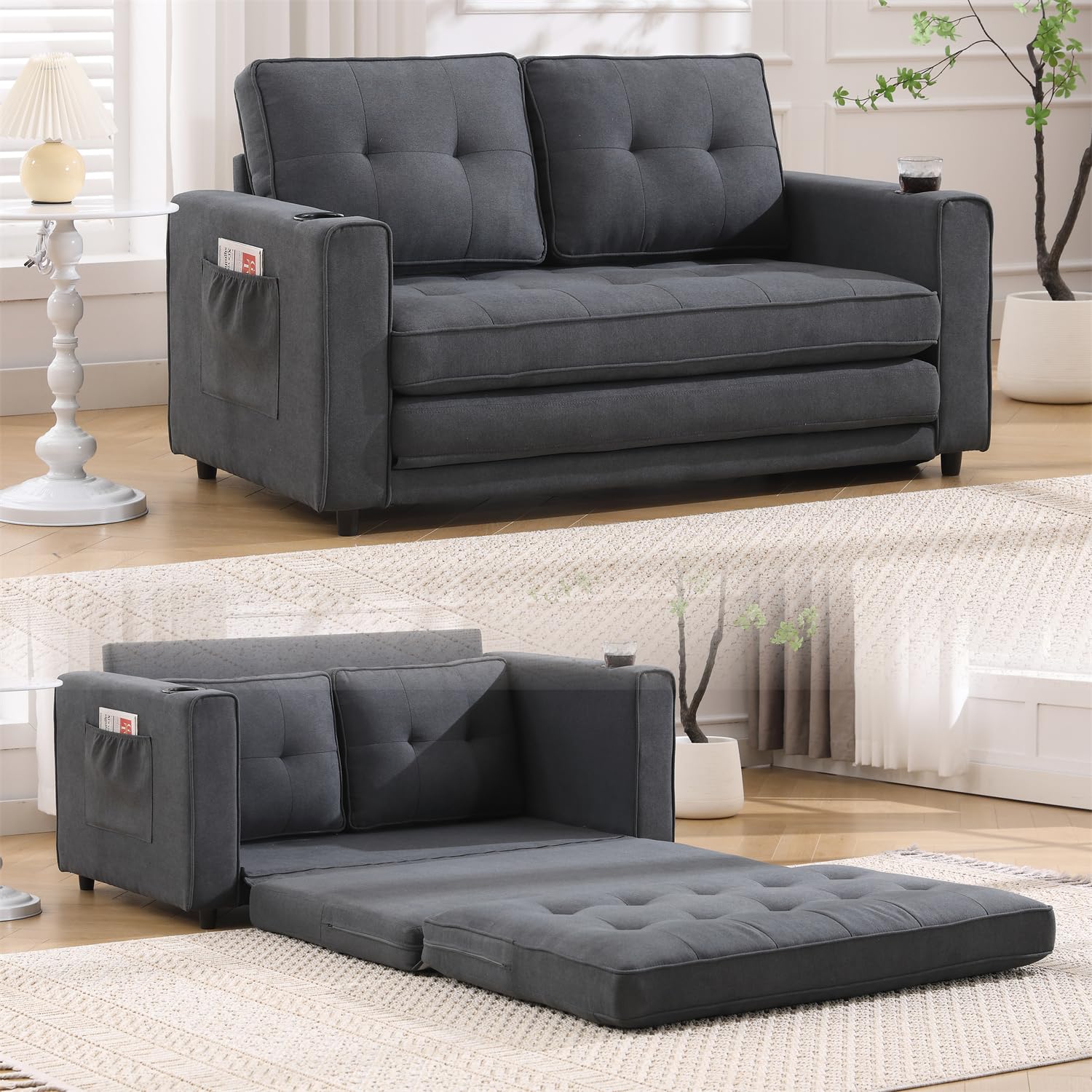 LUMISOL 55" Folding Floor Sofa Bed, Convertible Futon Sofa with Cup Holders & Storage, Foldable Loveseat Sleeper Sofa Floor Gaming Couch for Living Room Small Space, Dark Grey
