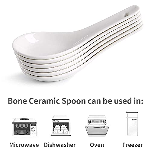 HAPPY KIT 5.3" Asian Soup Spoons Set of 6-White Ceramic Dessert Spoons Ramen Spoons Proper for Corelle Pho Miso Wonton Ramen Dumpling Macaron Dishwasher & Oven Safe