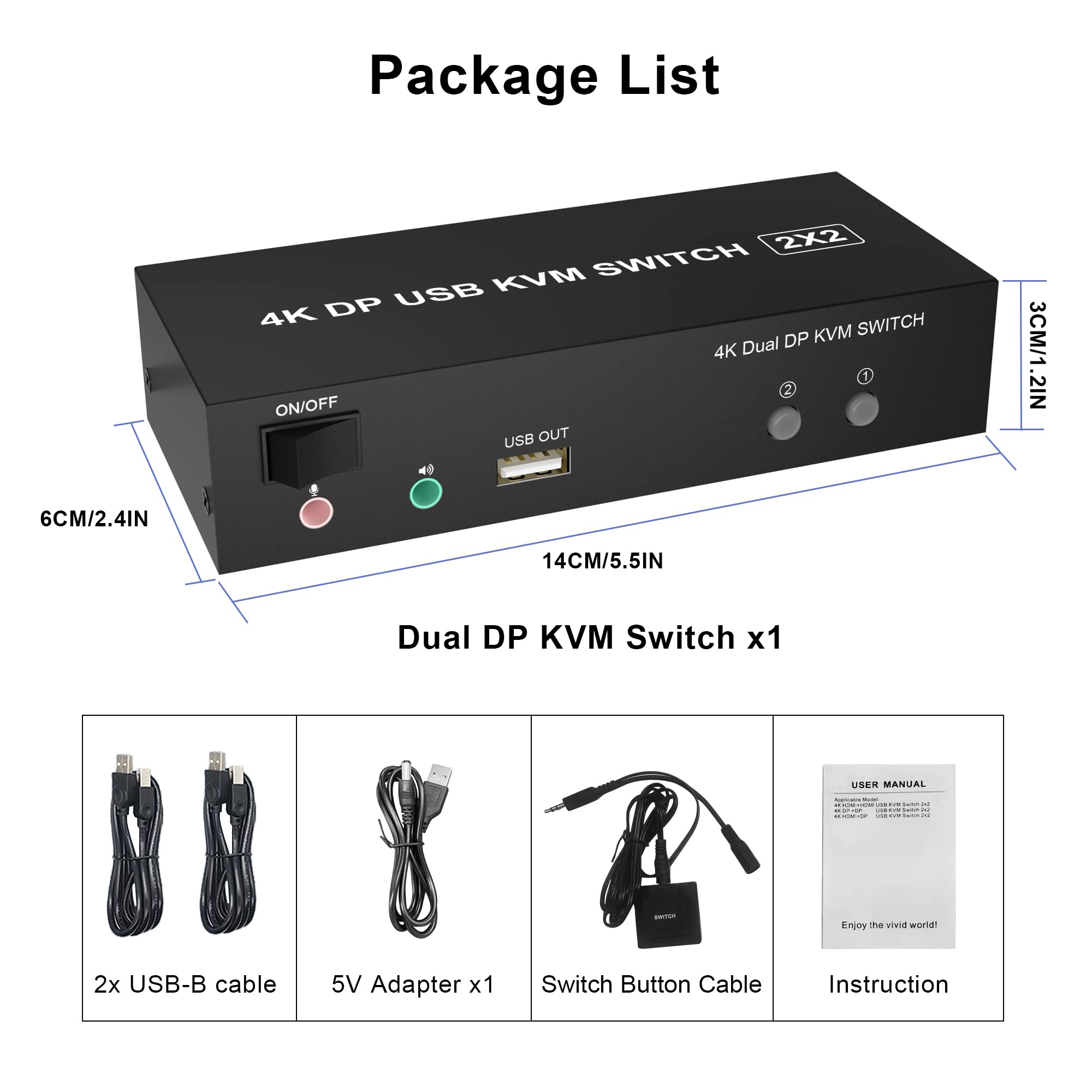 KVM Switch Dual Monitor DisplayPort 4K@60Hz Extended Display, Displayport 1.2 KVM Switch 2 in 2 Out with Audio Microphone Output and 3 USB 2.0 Hub 2 Monitors 2 Computers kvm Switch