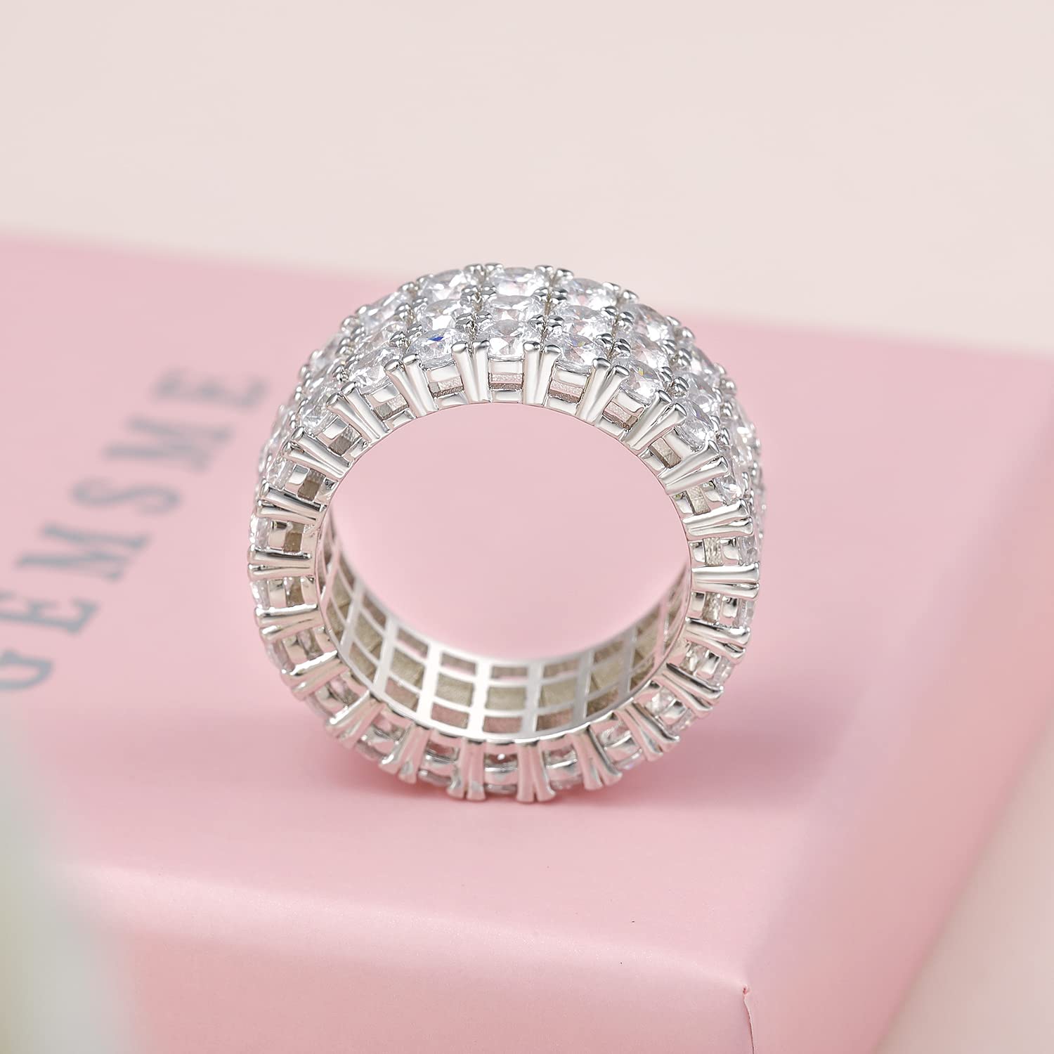 Gemsme 3 Row Cubic Zirconia Ring, 14K White Gold 3 Row Cubic Zirconia Eternity Statement Ring for Women (White Gold Plated, 7)