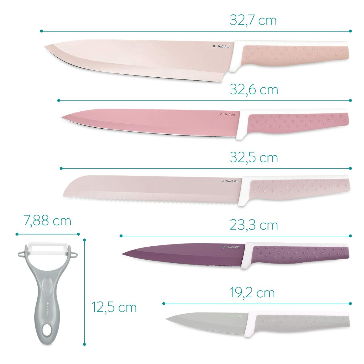 Navaris Knives and Peeler Set - 5 Stainless Steel Kitchen Knife & 1 Ceramic Blade Peeler - Pastel Colour Set with Bread Knife, Paring Knife and More