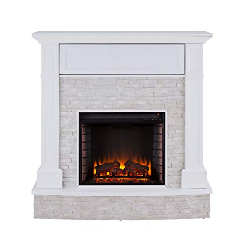 SEI Furniture Jacksdale Faux Stone Accent Electric Hidden Media Shelf Fireplace, White