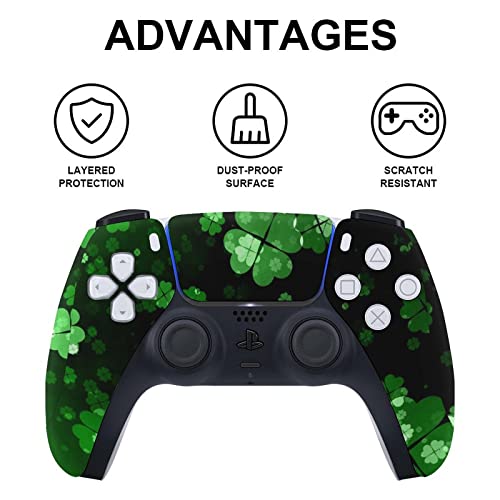 Green Colored Lucky Shamrocks Full Protective Skin Cover Design Wrap Decal Sticker Compatible with PS5 Digital Edition Console and Controller