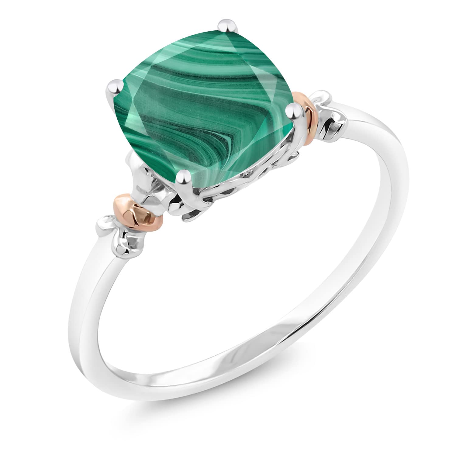 Gem Stone King 925 Silver and 10K Rose Gold Green Malachite Women Ring (3.00 Cttw, Cushion 8MM, Available In Size 5, 6, 7, 8, 9)