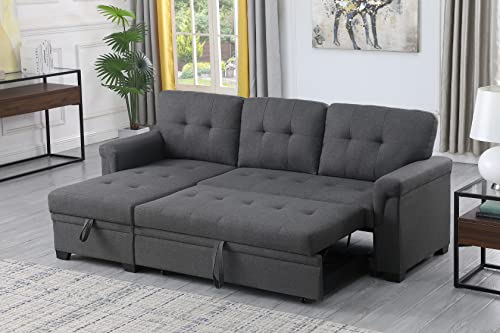 RITSU L-Shape Dark Gray Corner Couch with Storage Chaise, Linen Reversible Fabric Sleeper Sectional Sofa with Arms for Living Room, Apartment, Home Furniture, Dorm